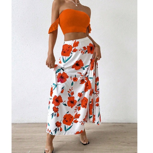 Bellanblue Skirts Boho Floral Print Ruffle Sleeve Crop Top Maxi